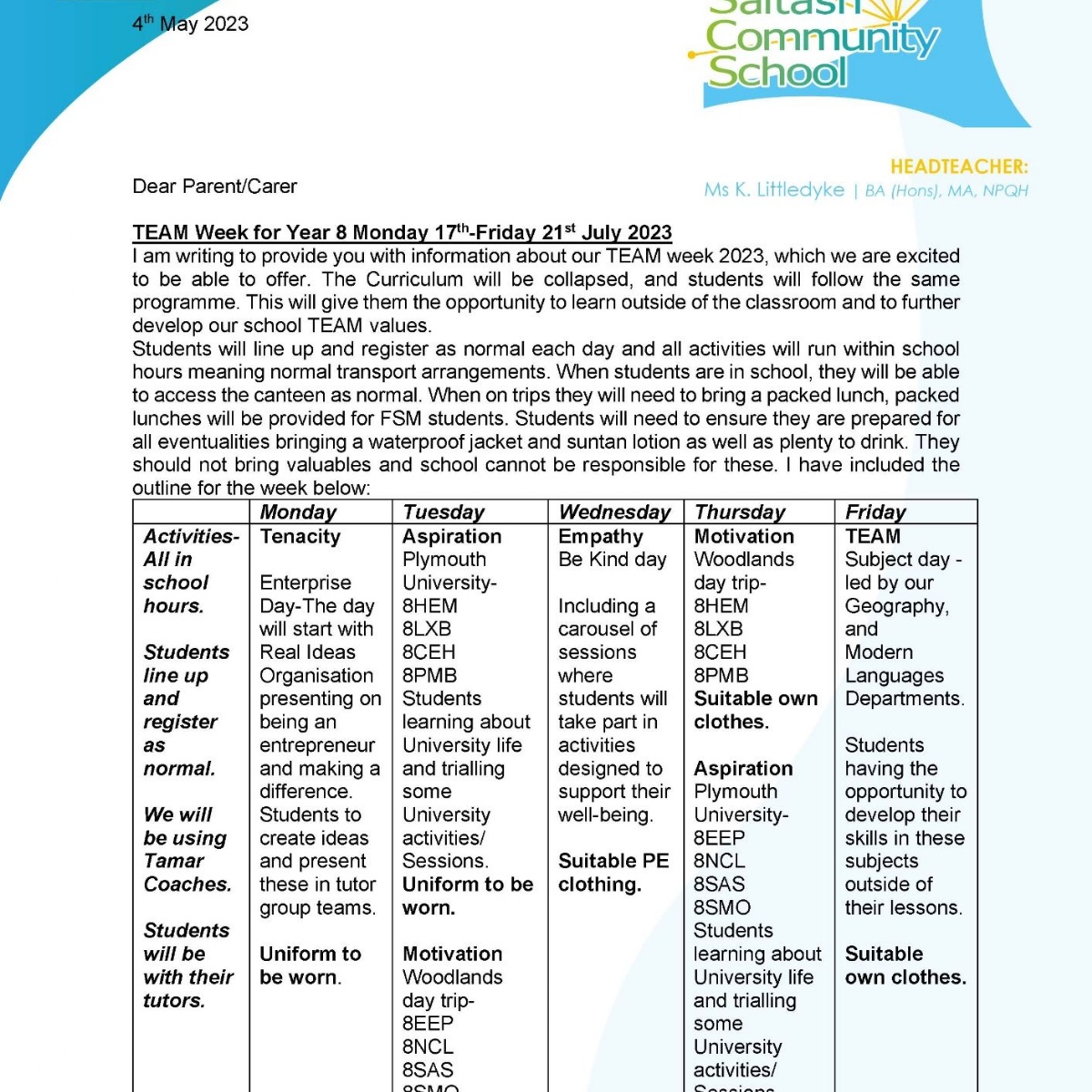 Saltash Community School - TEAM Week for Year 8 - Letter to Parents/Carers
