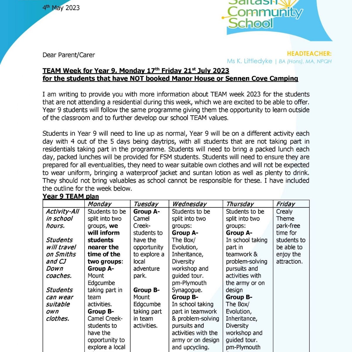 Saltash Community School - TEAM Week for Year 9 - Letter to Parents ...