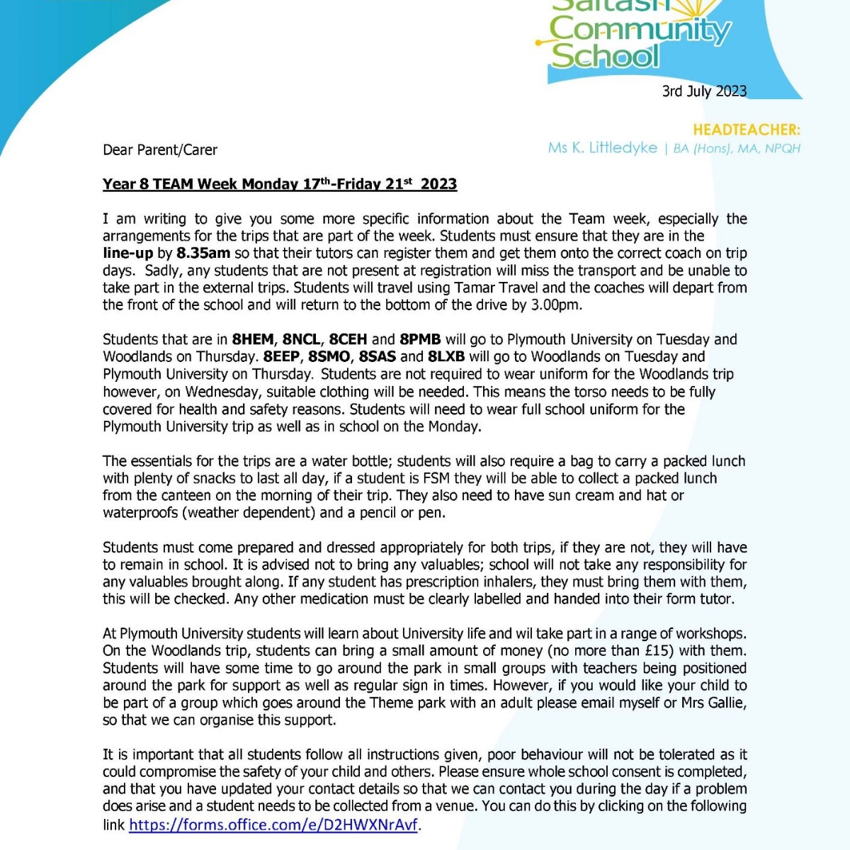 Saltash Community School - Year 8 TEAM Week Monday 17th-Friday 21st 2023